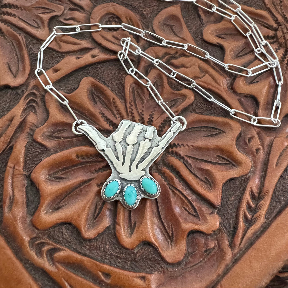 Skelly Hand Necklace (large with bright blue) – Be Gutsy Jewelry